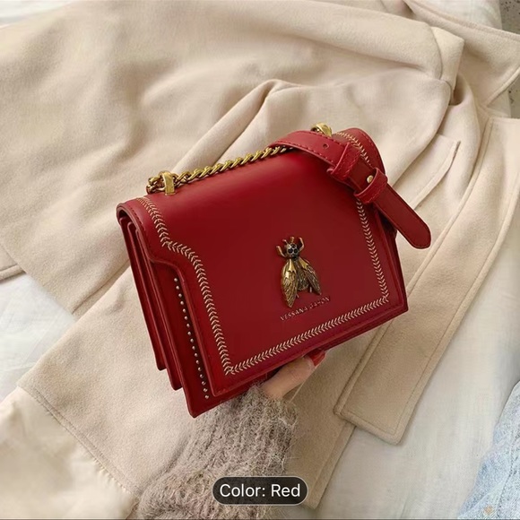 vessana gahon | Bags | Nib Small Red Leather Crossbody With Gold Bee ...